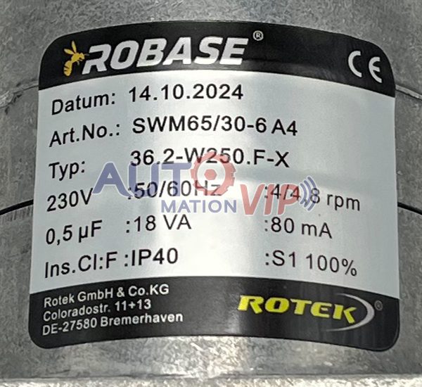 Art No.: SWM65/30-6 A4 Typ: 36.2-W250.F-X ROBASE ROTEK Motor ...